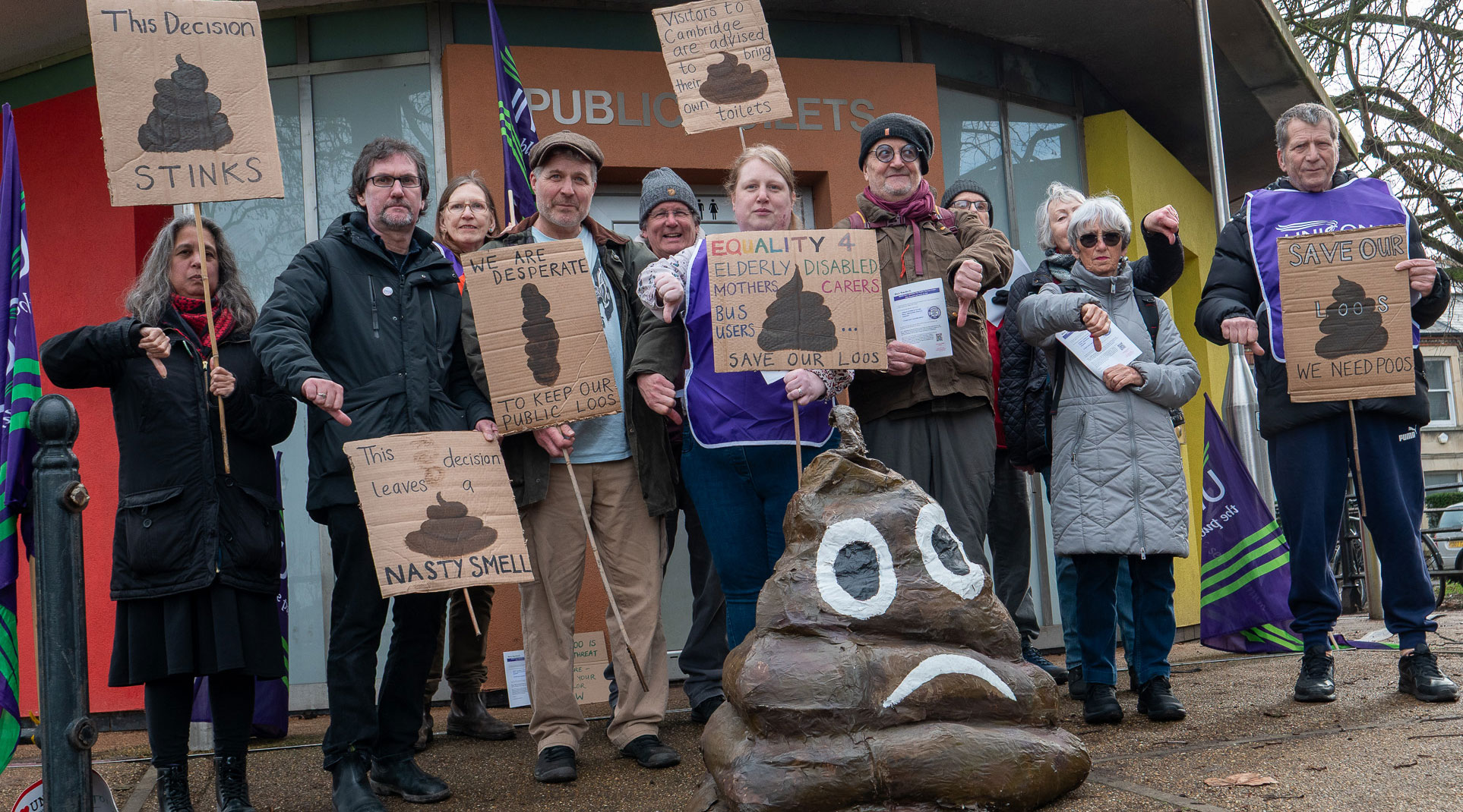 Giant poo joins Cambridge Council staff protesting to keep toilets open ...
